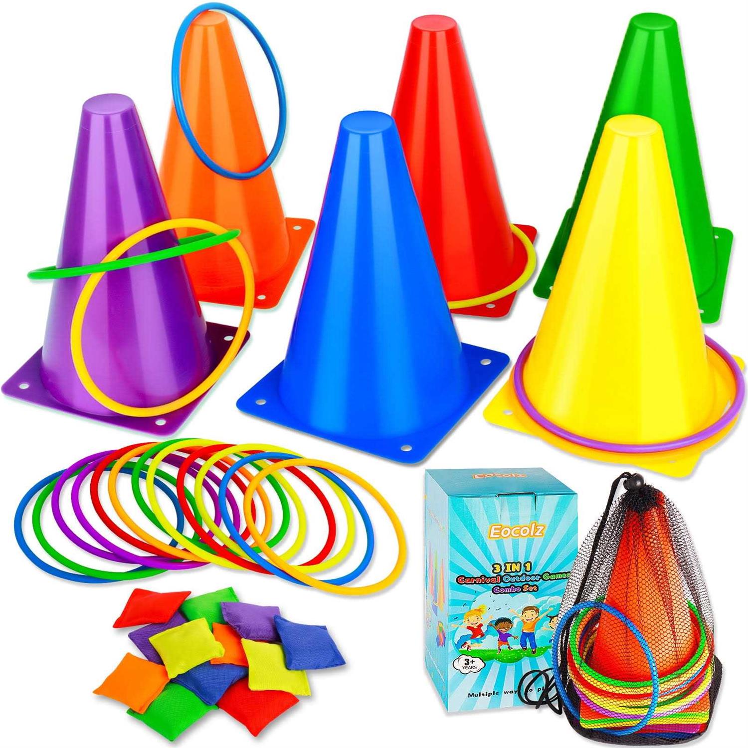 Eocolz 3 in 1 Carnival Games Set Soft Plastic Cones Bean Bags Ring Toss ...