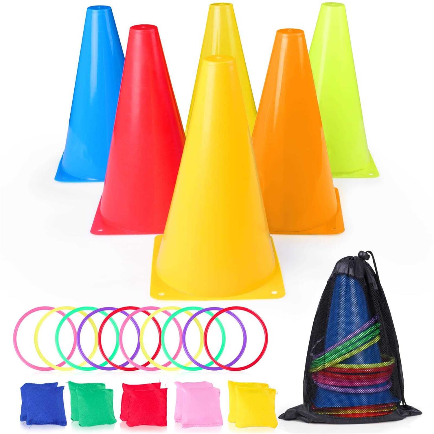 Hxezoc 3 in 1 Carnival Games Set Soft Plastic Cones Cornhole Bean Bags Ring Toss Games for ...