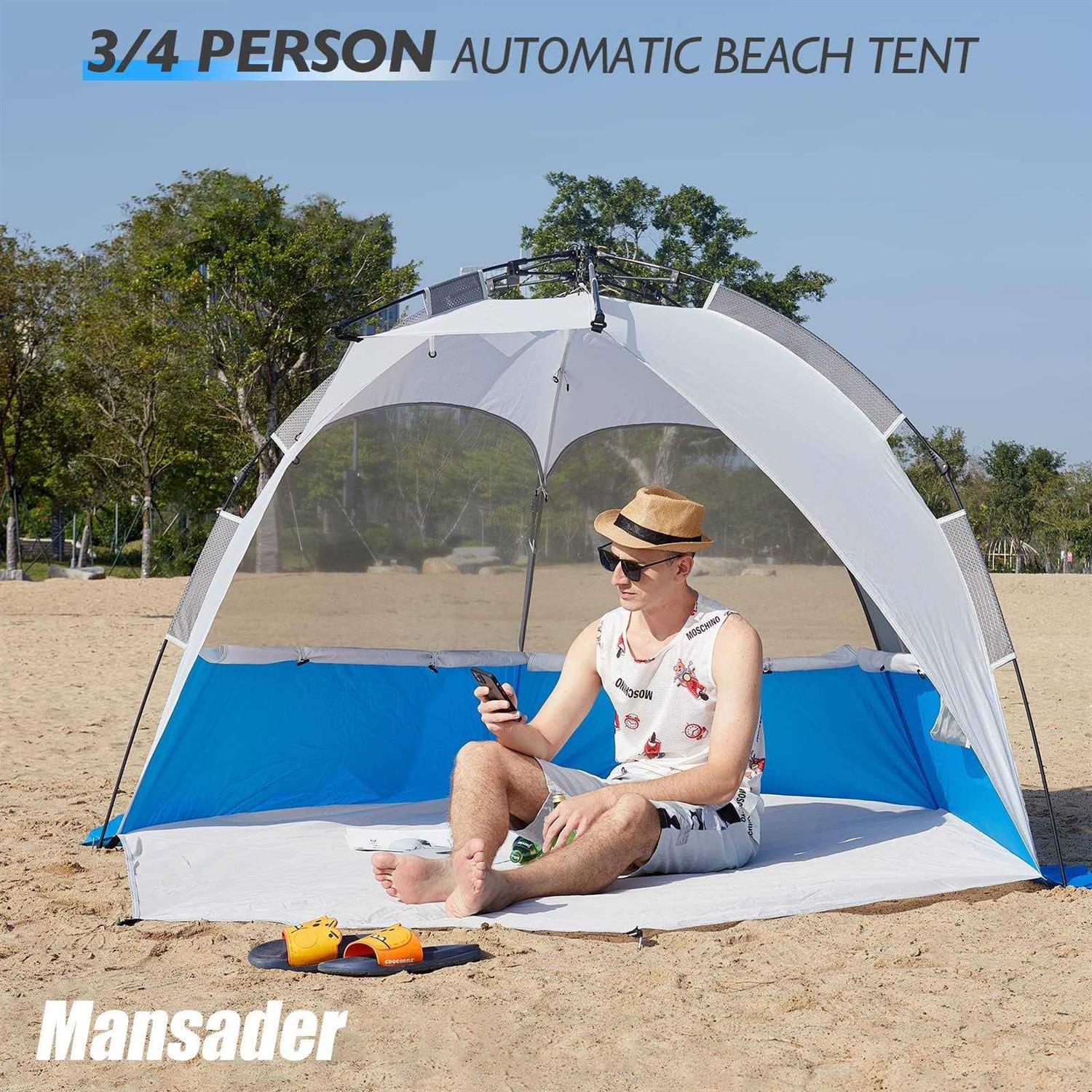 Mansader Beach Tent Pop Up Shade Instant Beach Tents Sun Shelter with UPF 50+ UV Protection ...