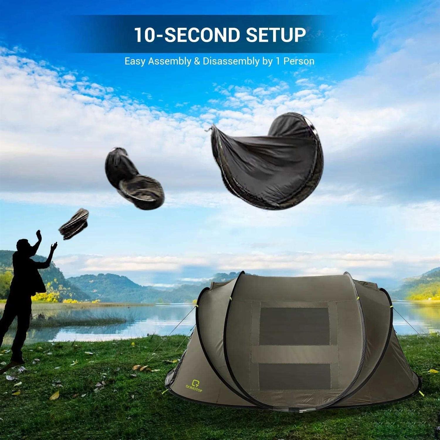 Qomotop Instant Tent 4-Person Camp Tent, Automatic Setup Pop Up Tent, Waterproof, Huge Side ...