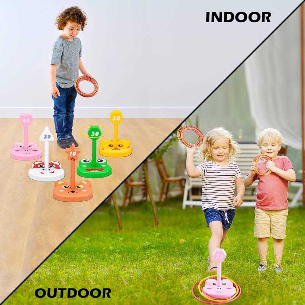 QUERCITRON Animal Ring Toss Game Toy Set for Kids 6 Targets Stands & 36 ...
